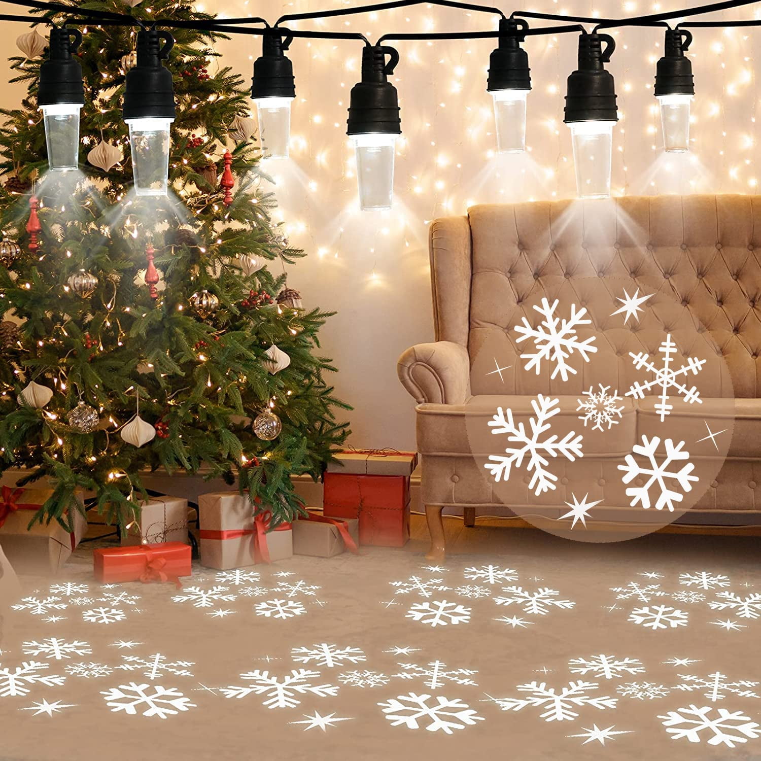 Snowflake Projection String Lights - Hanging Outdoor String Lights ...