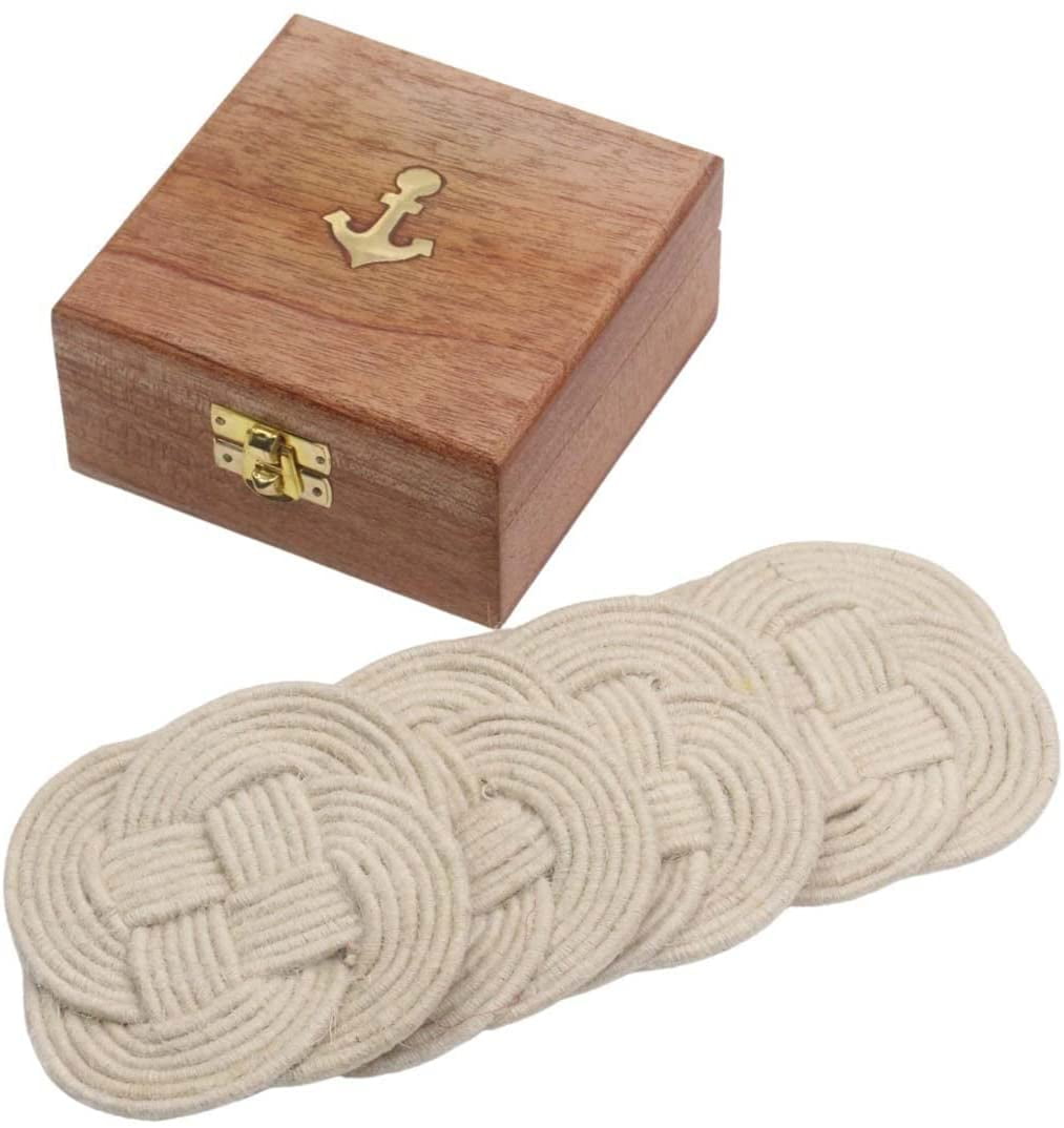 Rii Brand Jute Twisted White Rope Coaster with Wooden Box Set of 4, 4 ...