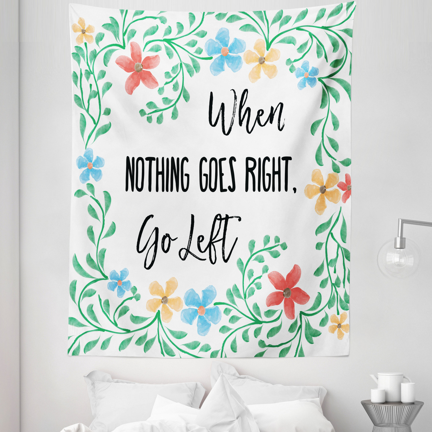 Funny Words Tapestry, Fresh Watercolor Flowers Frame with an ...