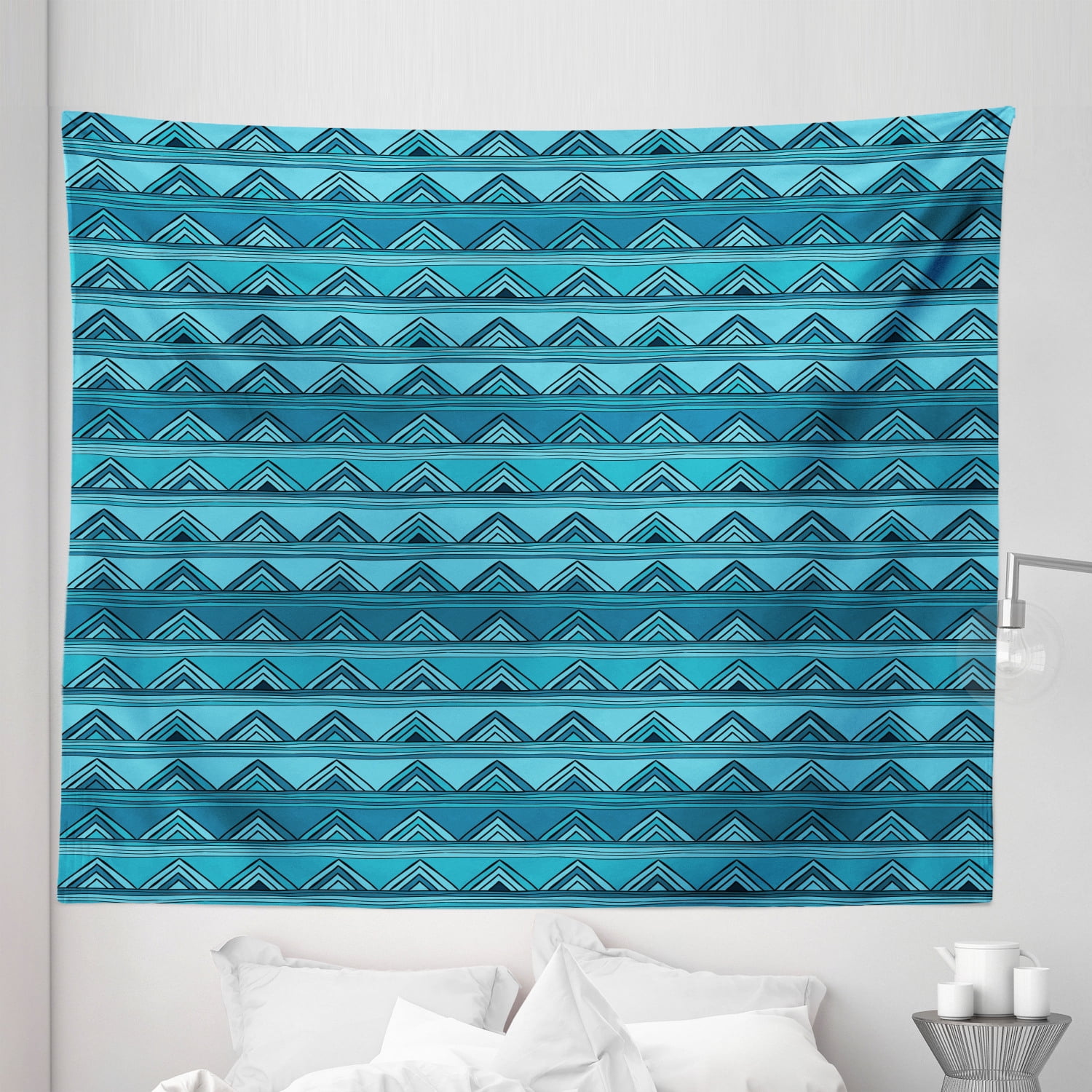 Stripes Tapestry, Hand Drawn Triangle Pattern with Doodle Style Wavy ...
