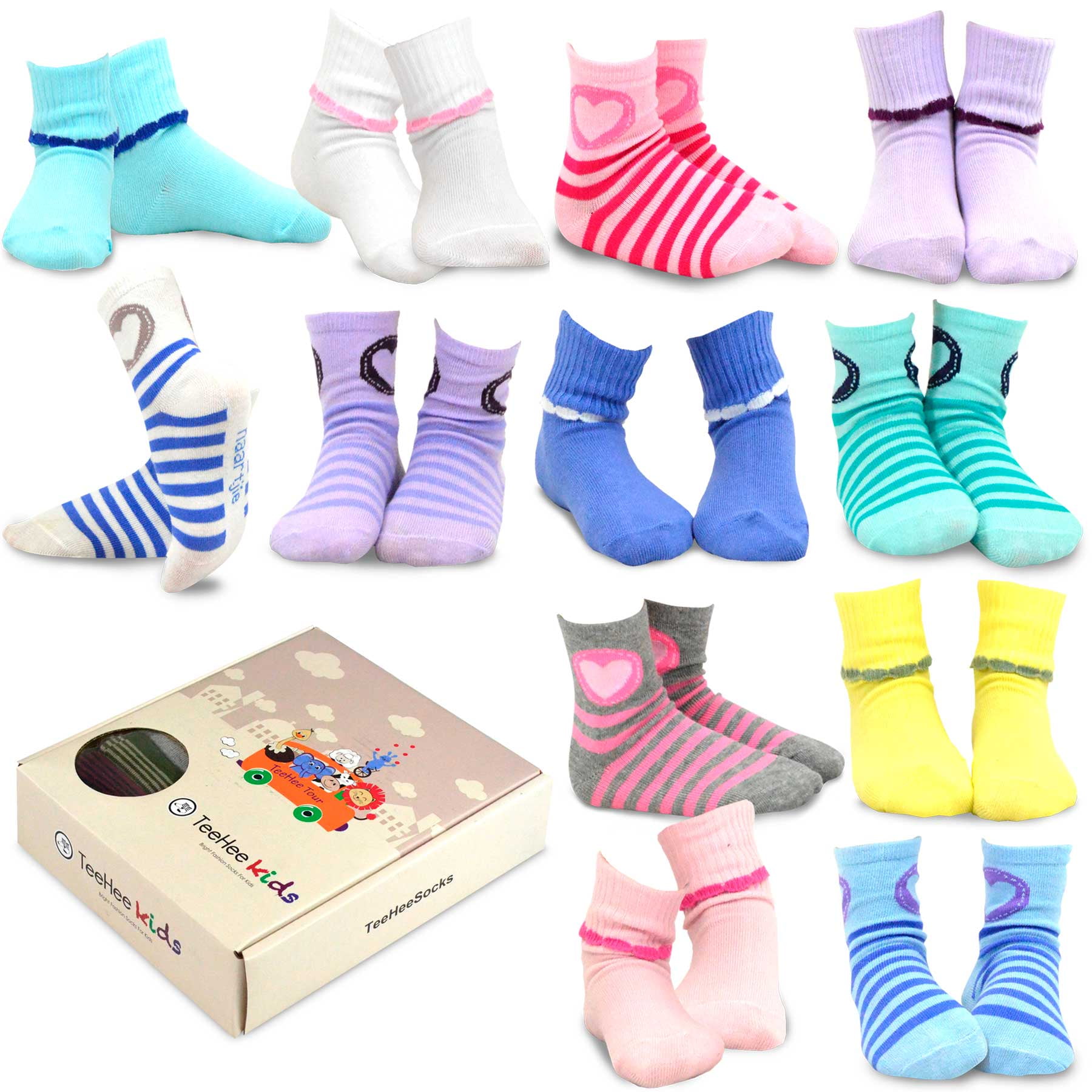TeeHee Kids Girls Cotton Fashion Crew Socks 12 Pair Pack (6-8 Years ...