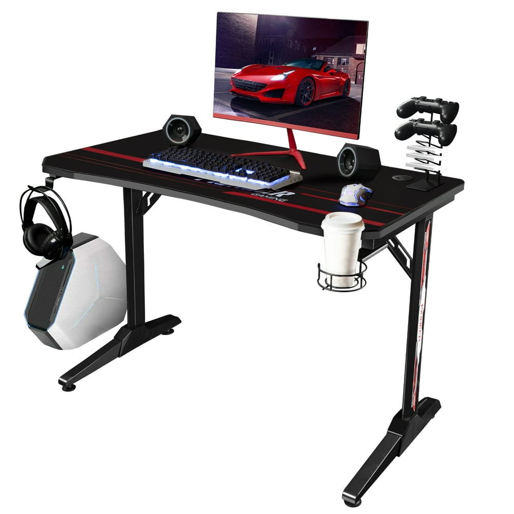 VINEEGO 43 inch Gaming Desk T-Shaped Legs Carbon Fiber Surface PC ...