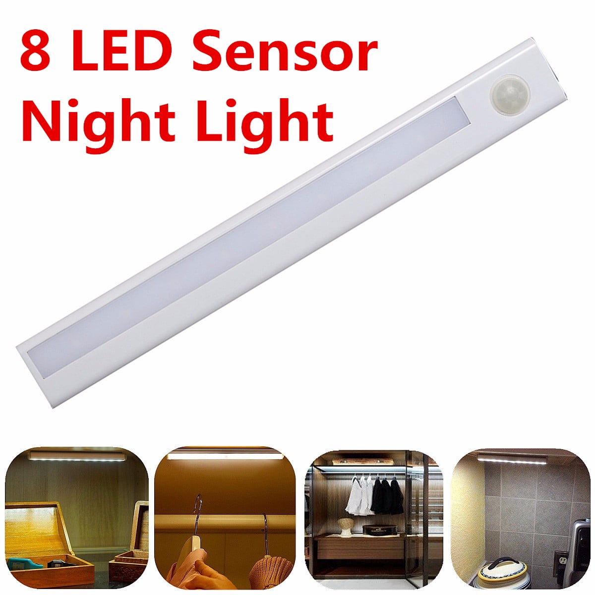 8 LED PIR Motion Sensor Closet Cabinet Drawer Night Light Lamp Battery ...