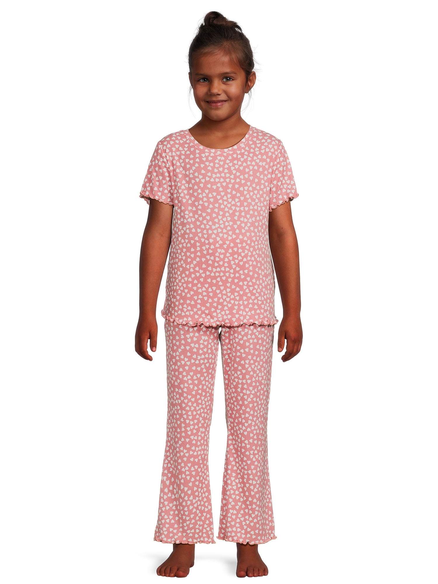 Wonder Nation Girls Short Sleeve Top and Pants Rib Knit Pajama Set with ...