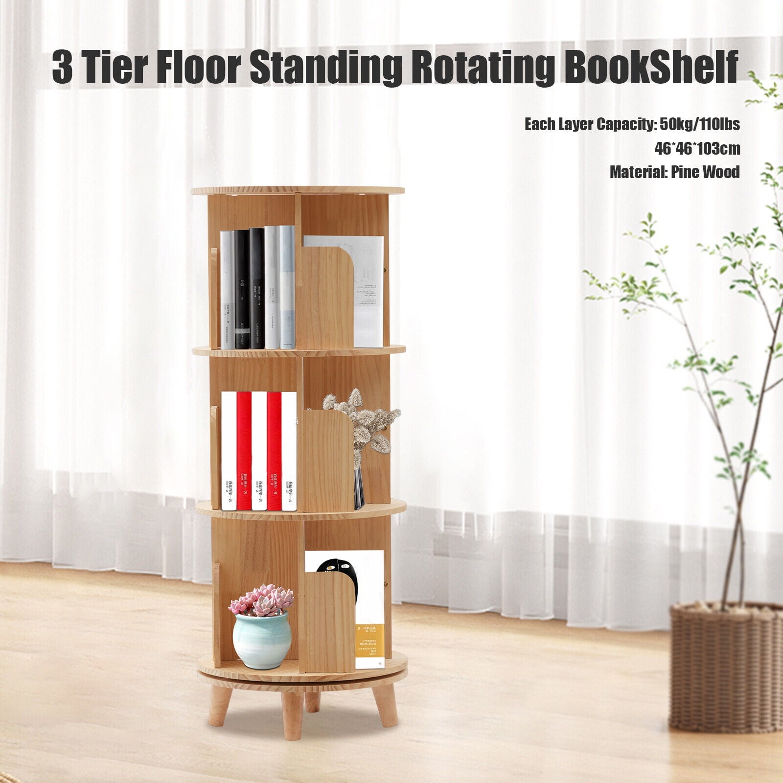 3 Tier Unique Revolving Bookcase Silent Floor Standing Bookcase Storage ...
