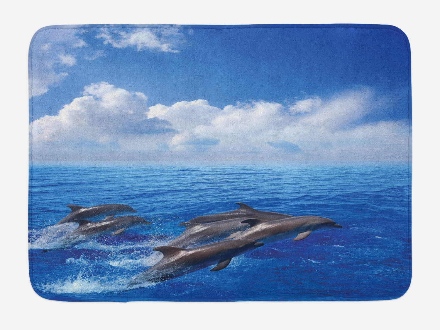 Sea Animals Bath Mat, Dolphins Jumping in Clear Sea and Fluffy Clouds ...