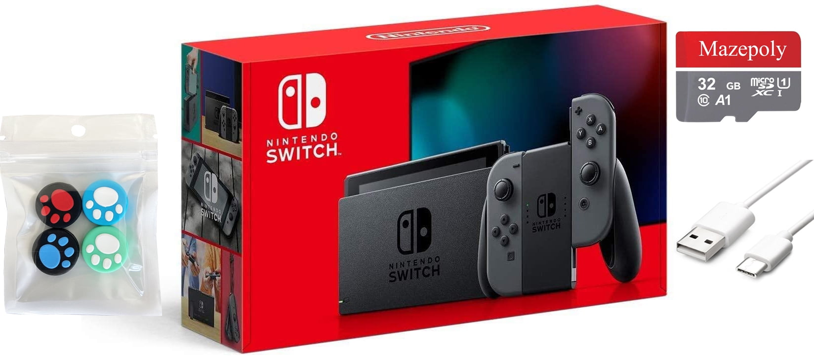 Nintendo Switch 32gb Console Gray Joy Con With Mazepoly Accessories