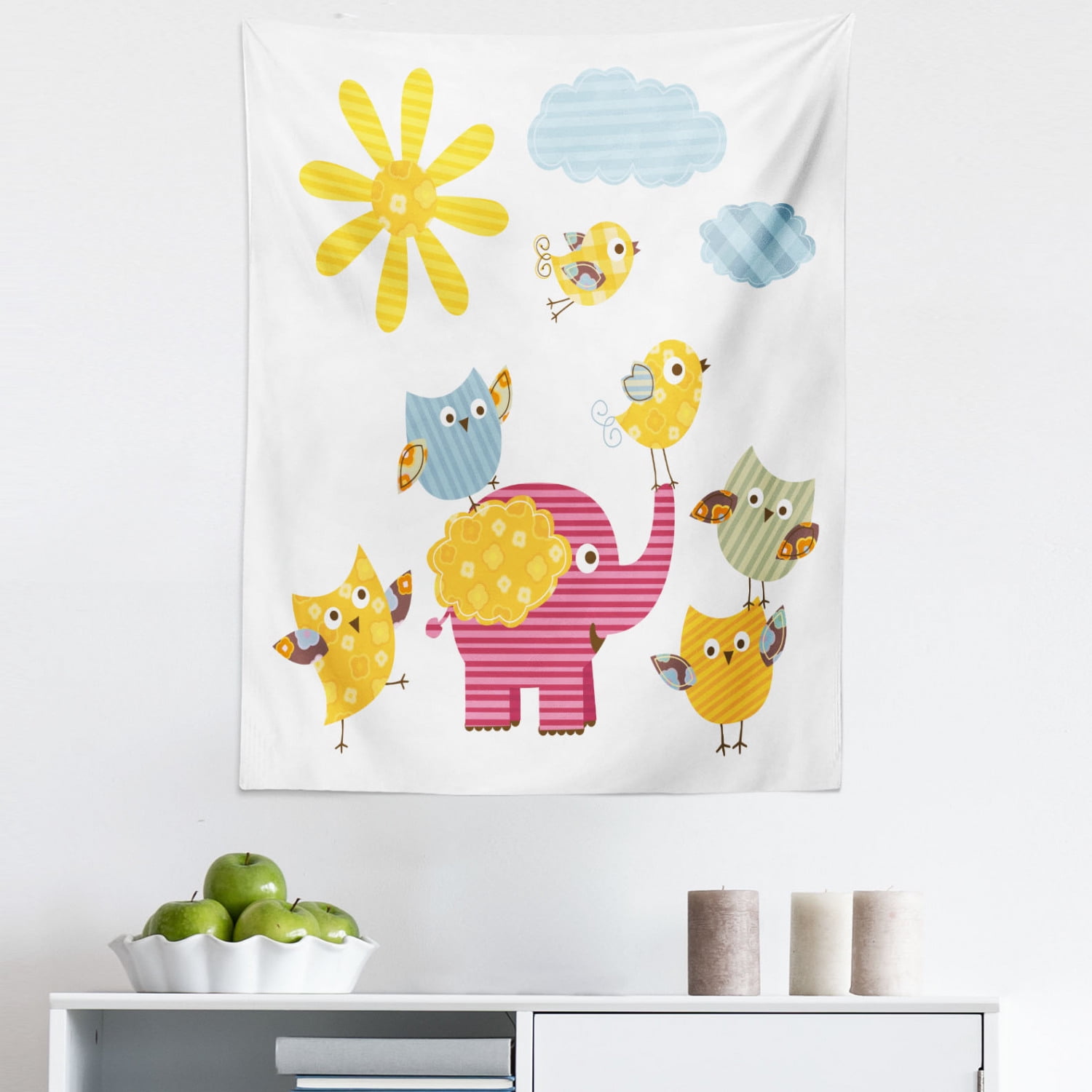 Cartoon Tapestry, Happy Animals Colorful Design Sun Clouds Birds and ...