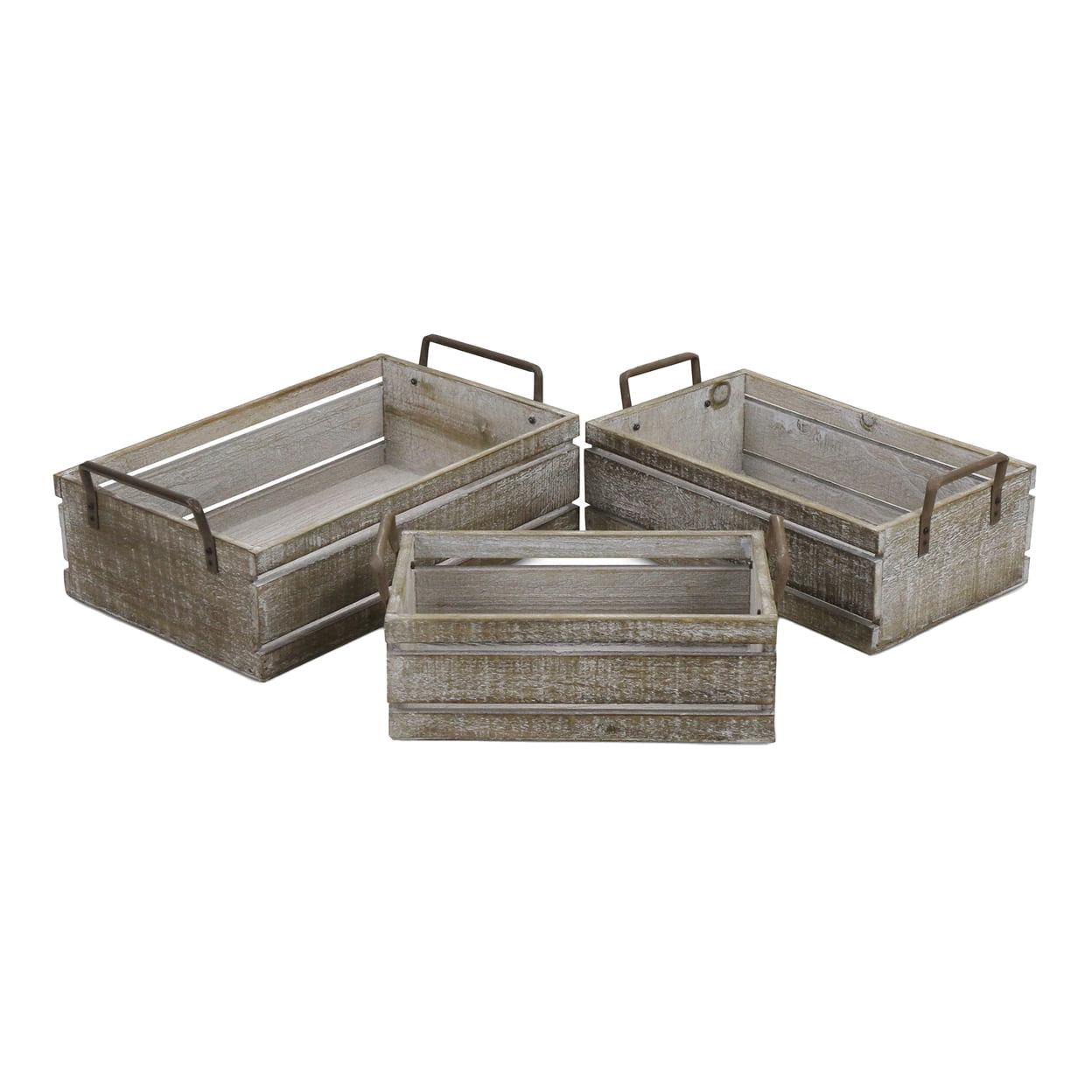 Set Of 3 Brown Wood Grain Slatted Rectangular Small Crate with Side ...