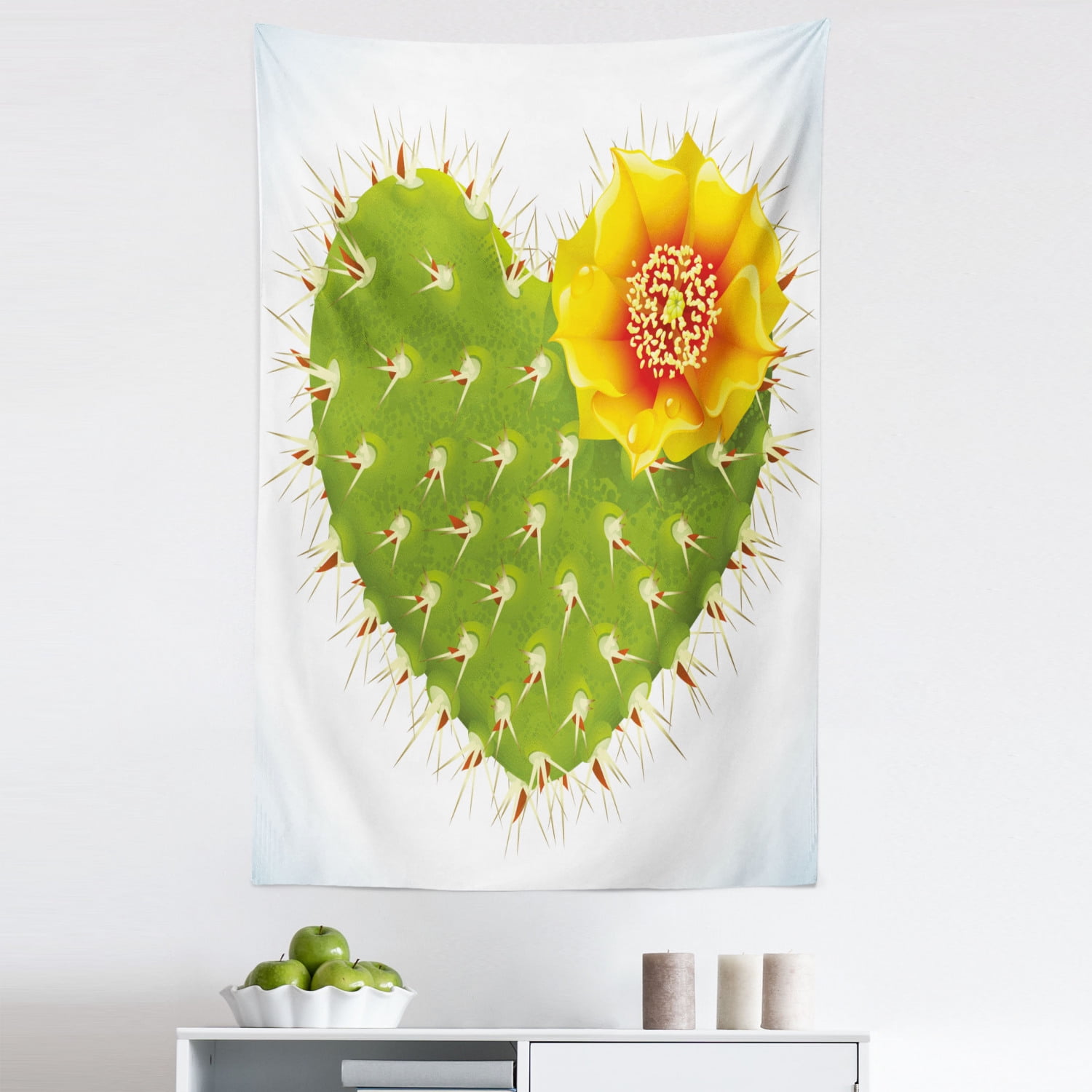 Cactus Tapestry, Thorny Cacti in the Shape of Heart and Yellow Flower ...