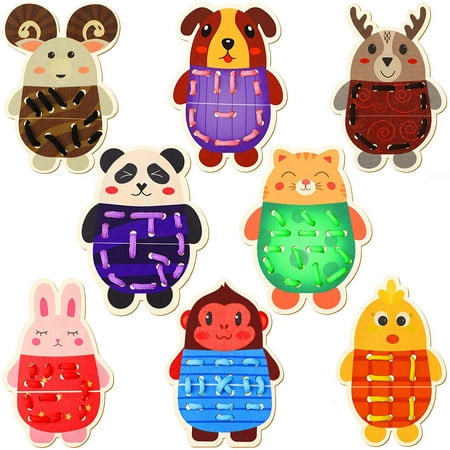 8 Pieces Wooden Lacing Animals Threading Toys Lacing and Tracing Cards ...