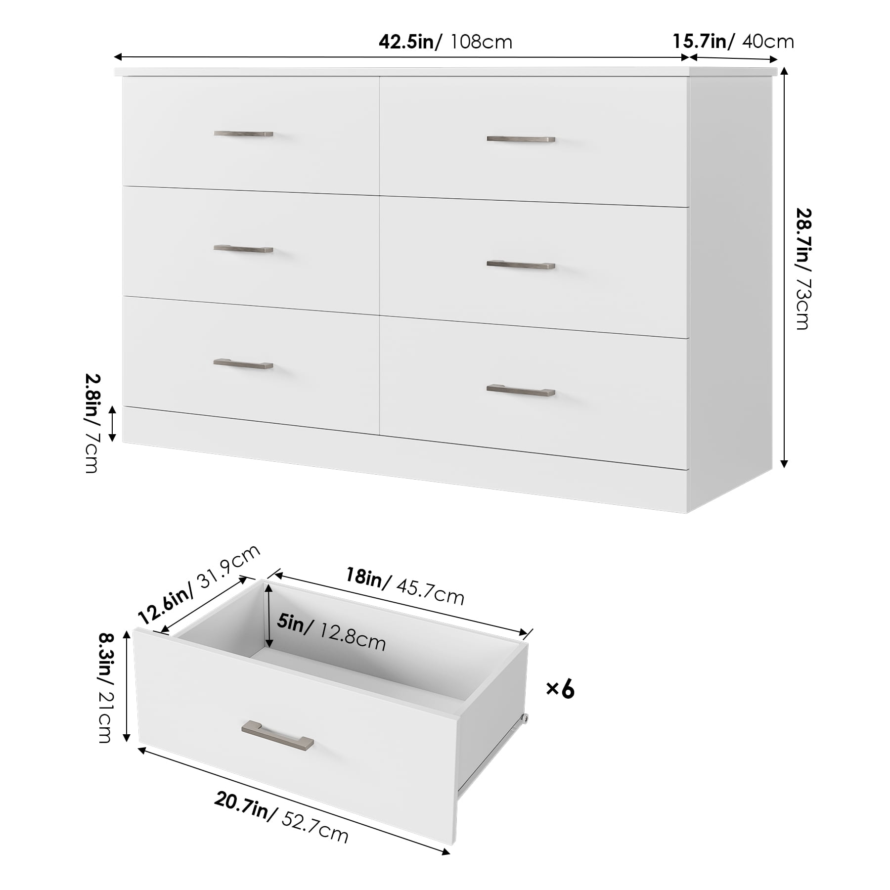 Homfa 6 Drawer White Double Dresser, Wood Storage Cabinet With Easy ...