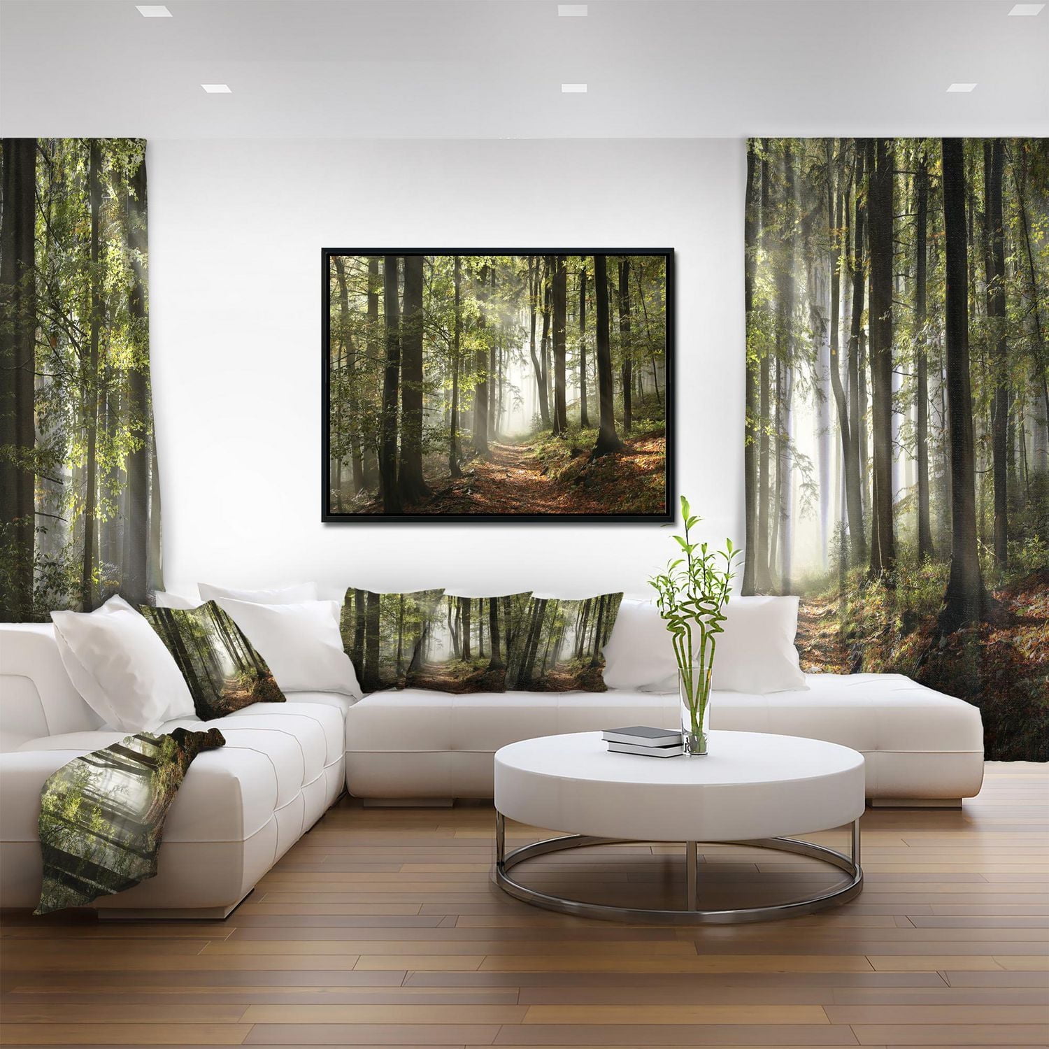 Click here for Designart Green Fall Forest With Sun Rays Float Fr... prices