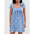 Blue Floral Tie Shoulder Mini Dress Square Neck Loose Fit Sundress ...