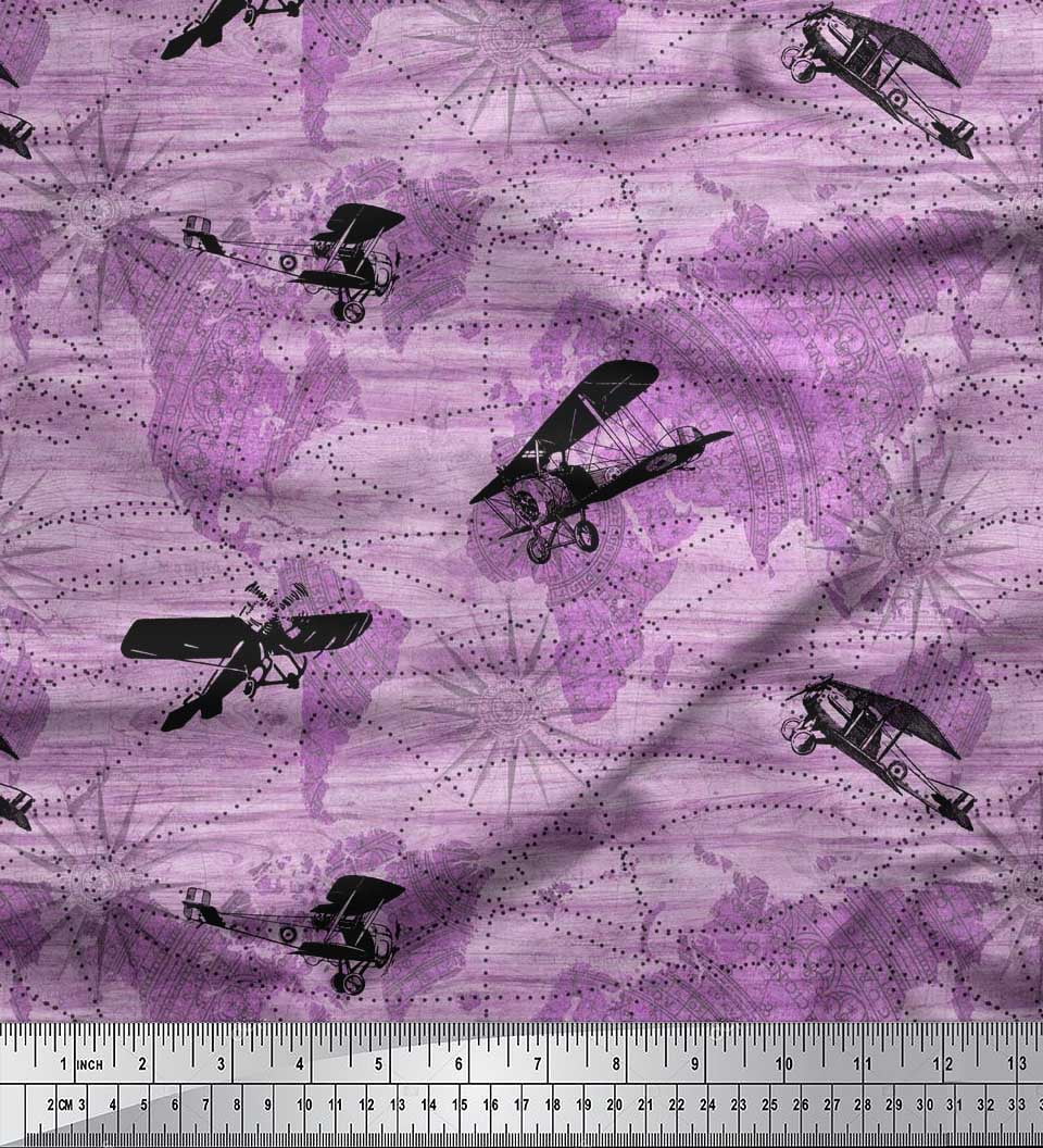 Soimoi Satin Silk Fabric Dot,Airplane & Map Fabric Prints by Yard 42 ...