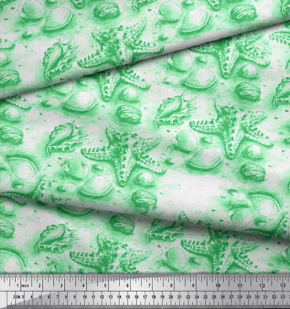 Soimoi Green Japan Crepe Satin Fabric Shell & Starfish Ocean Print ...