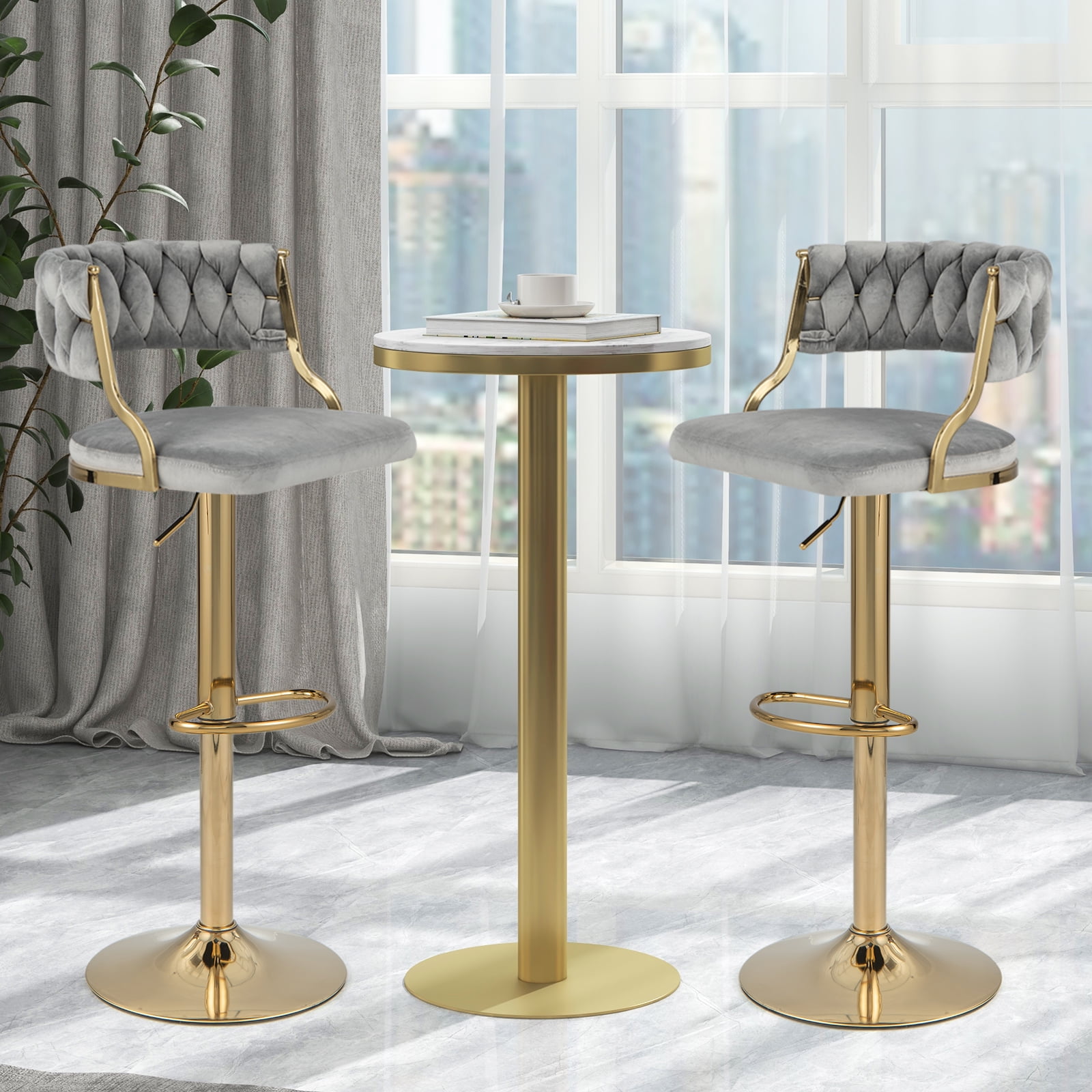 Swivel Barstool with Woven Back Set of 2 for Kitchen Island Cafe Gray
