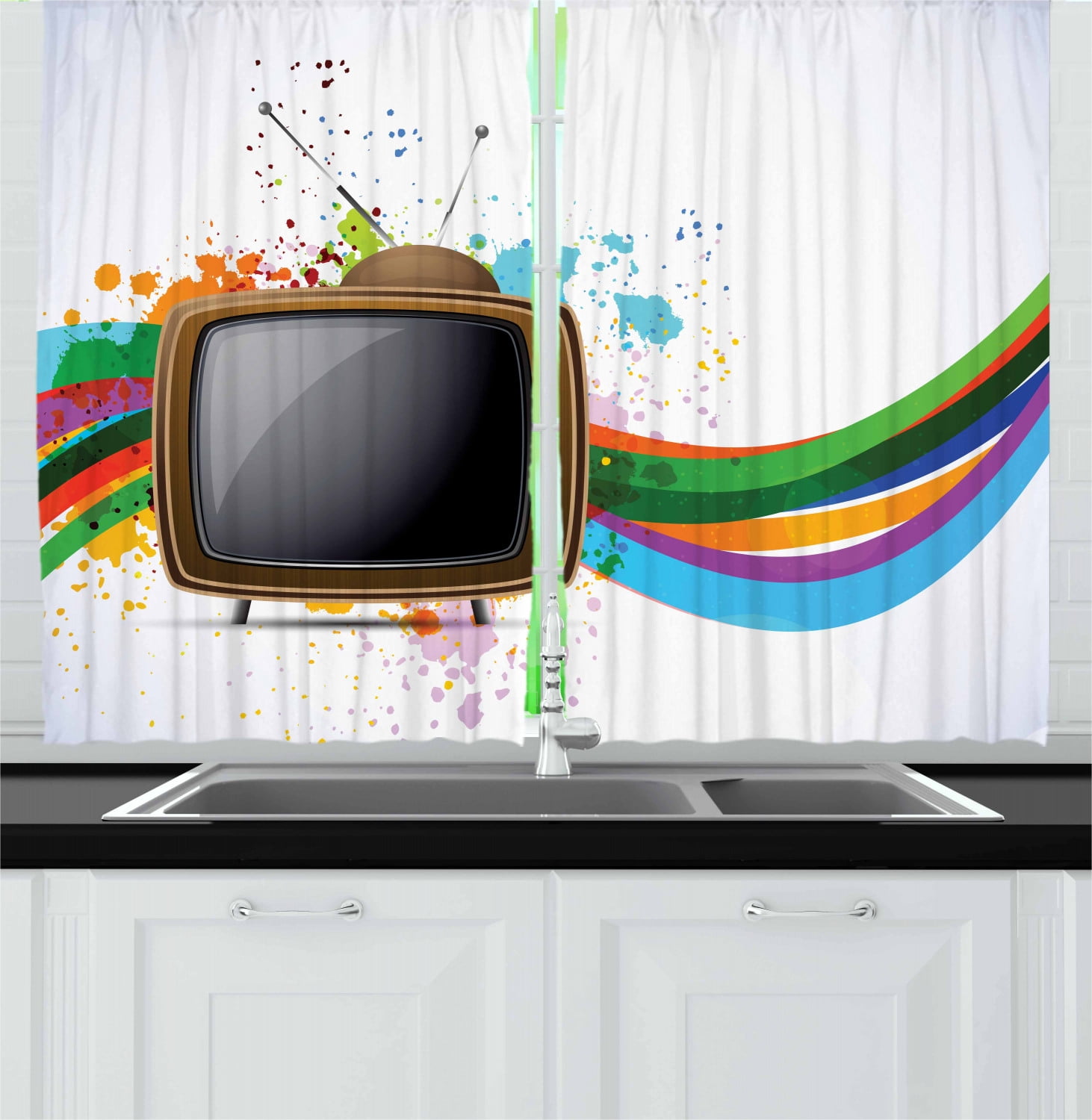Vintage Rainbow Curtains 2 Panels Set, Old Television with Colorful ...