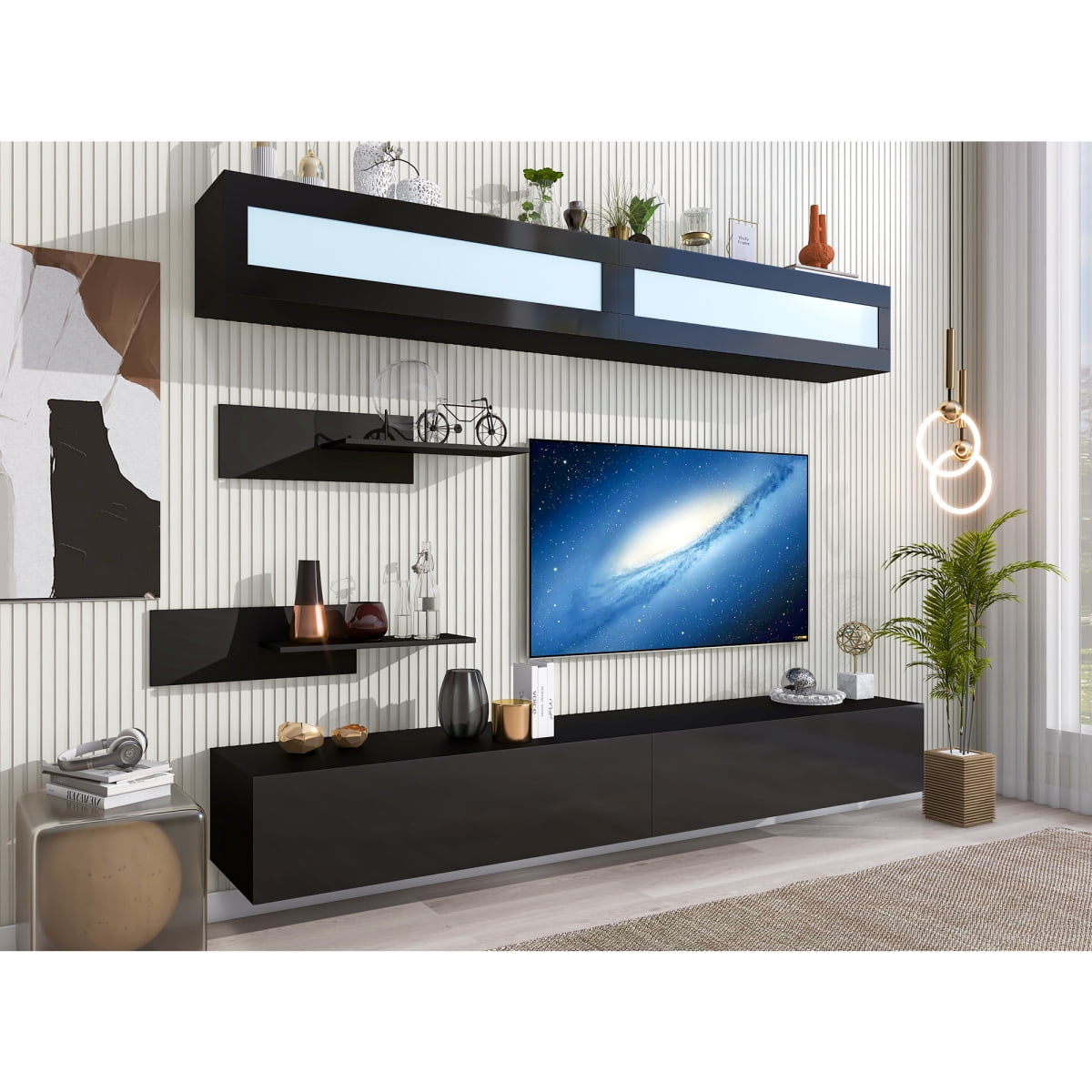 Wall Mount Floating TV Stand with Four Media Storage Cabinets and Two ...