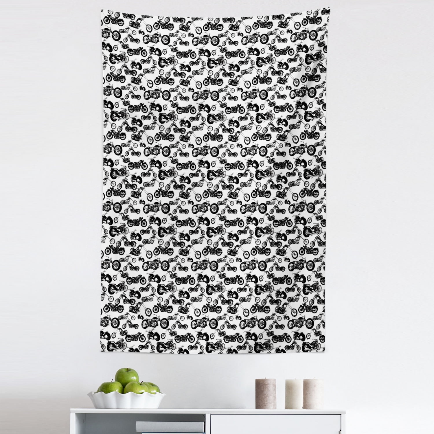 Motorcycle Tapestry, Retro Chopper Pattern Monochrome Motorbike Design ...