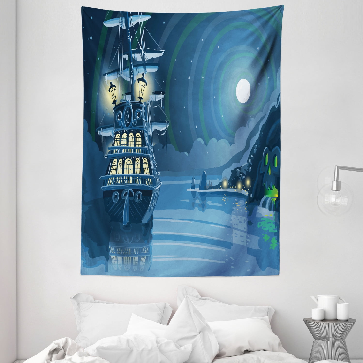 Nautical Tapestry, Detailed Illustration of Nocturnal Adventure Island ...