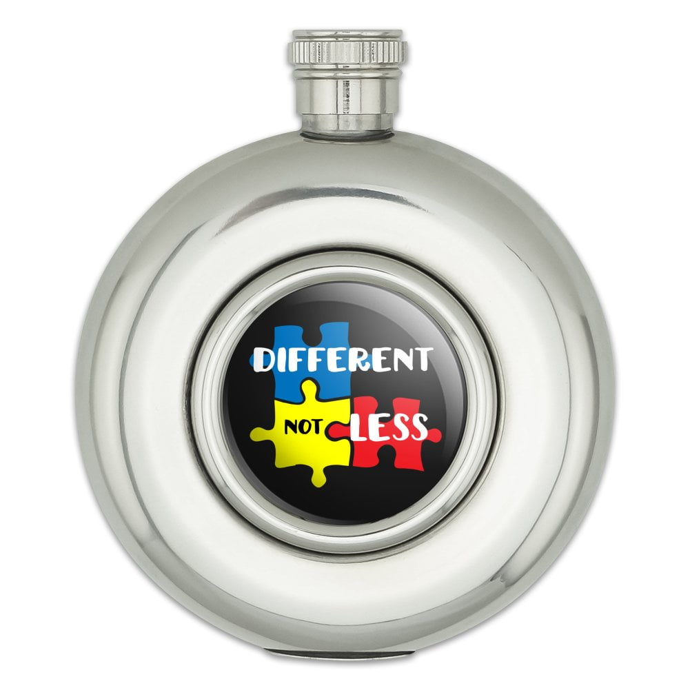 Different Not Less Autism Puzzle Pieces Round Stainless Steel 5oz Hip ...