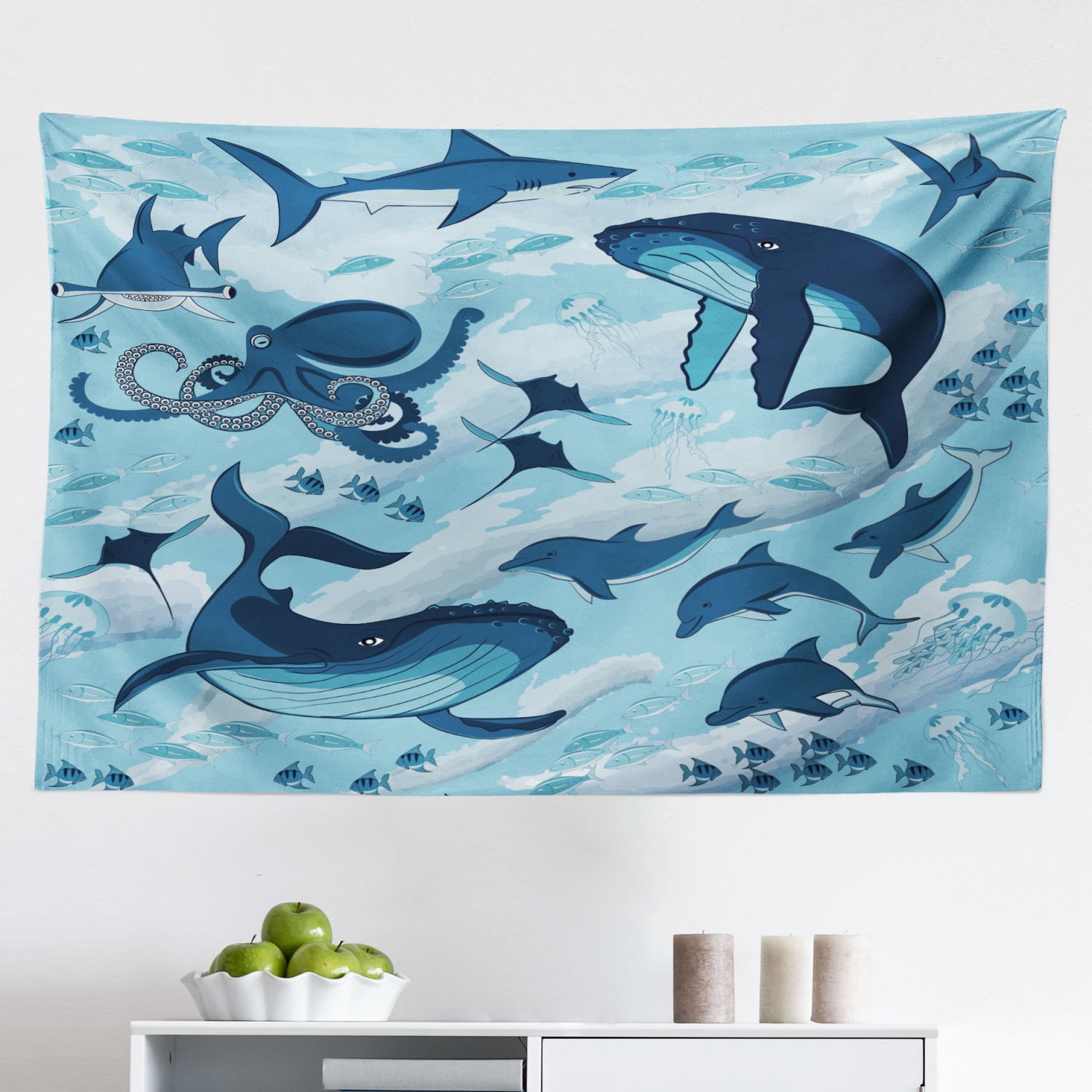 Shark Tapestry, Goldfish Mammal Fin on Top of The Water Fake Comical ...