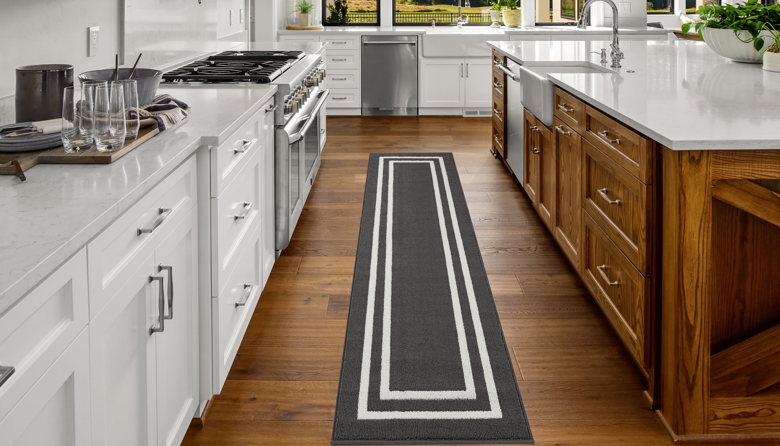 Washable Skid-Resistant Runner Rug, Border, Dark Grey and White, 26" x ...