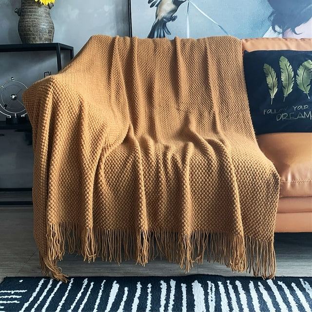 LOMAO Decorative Knitted Throw Blanket with Fringe, Cozy Bubble ...