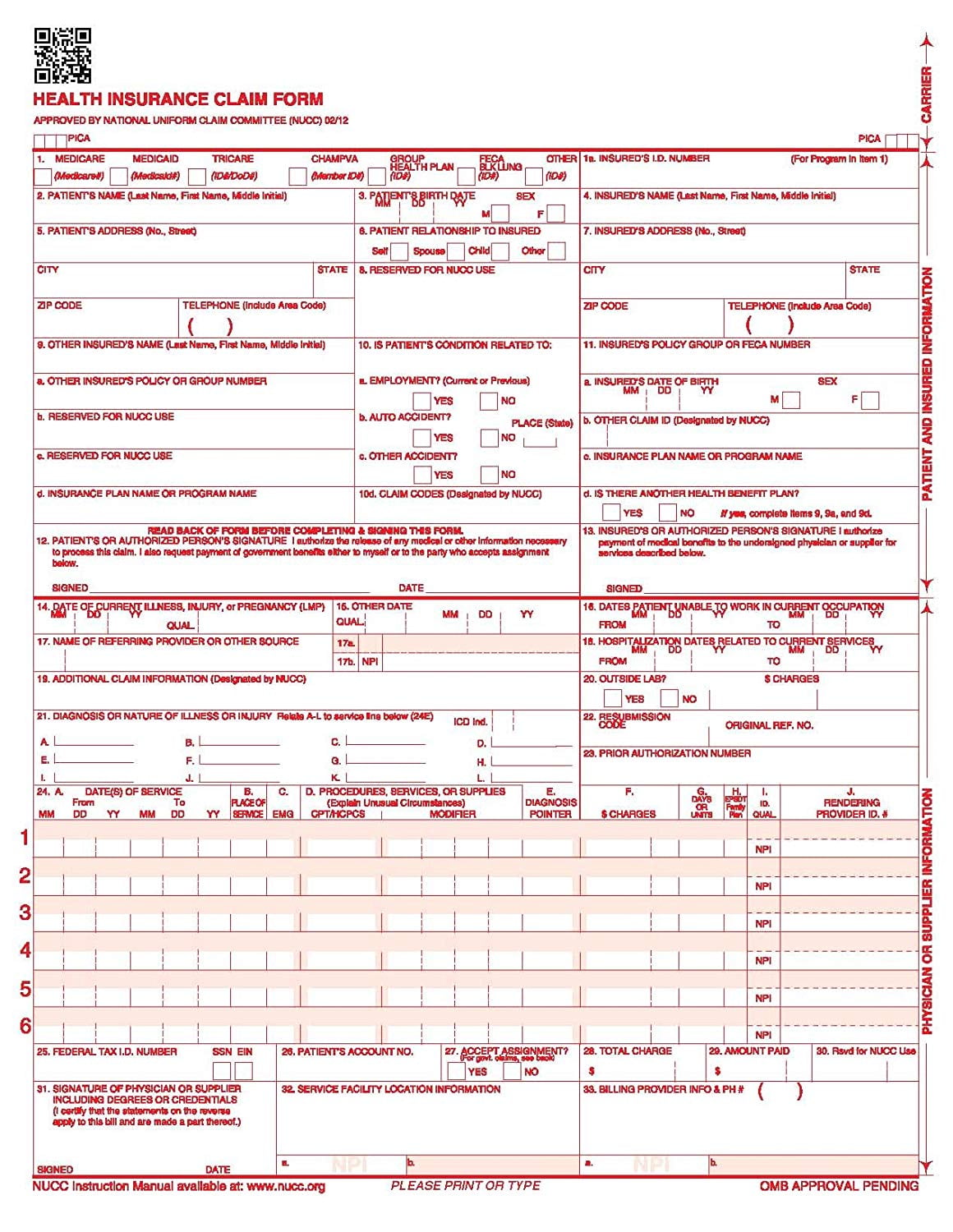 New CMS 1500 02 12 Health Insurance Claim Form 25 Forms Walmart