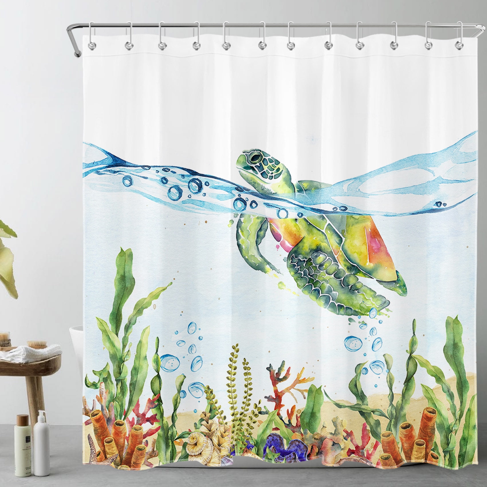 Hvest Sea Turtle Shower Curtain Marine Life Coral Seagrass Botanical