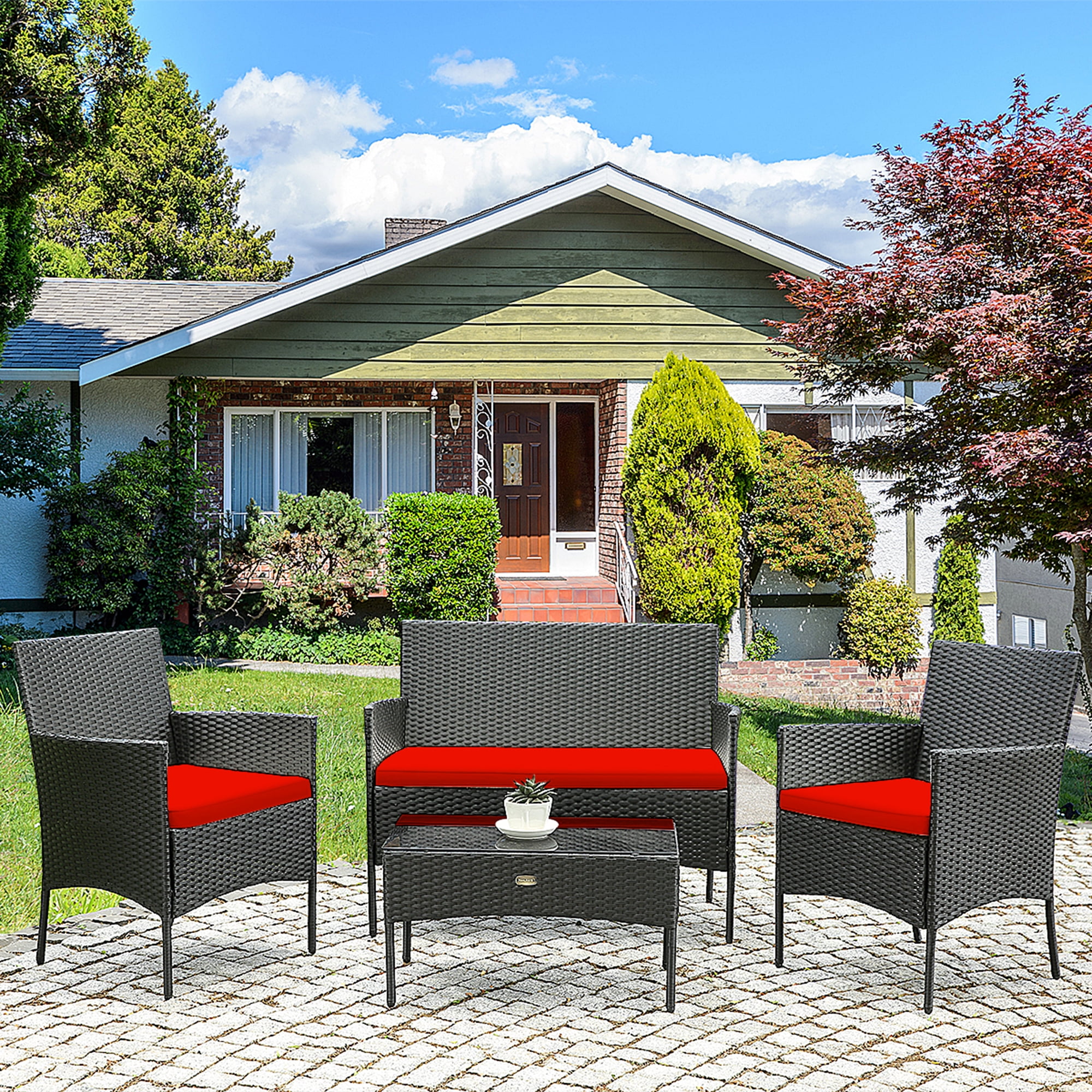 Gymax 4pcs Outdoor Furniture Set Patio Rattan Conversation Set W/ Red Cushion