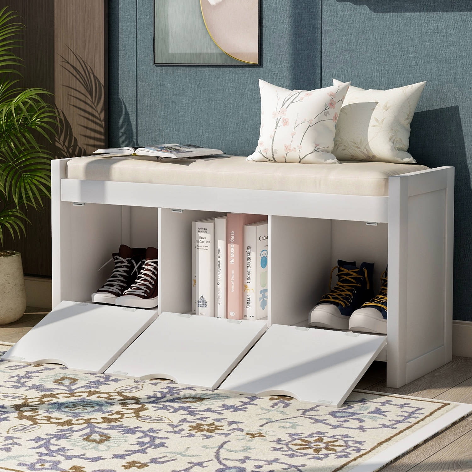 Storage Bench, Shoe Bench with Removale Cushion and 3 Flip Lock Storage ...