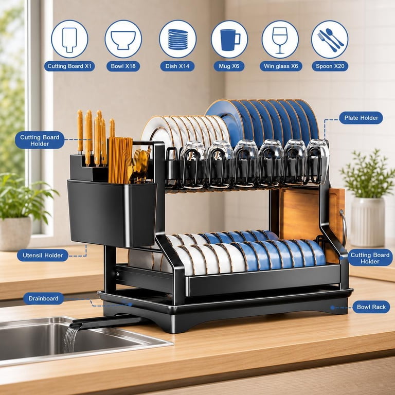 Canming 2-Tier Dish Drying Rack, Kitchen Dish Drainer with Auto Drain ...