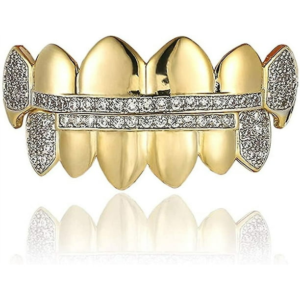 nipocaio Gold Iced Out Cz Top And Bottom Vampire Fangs Grillz For Your ...