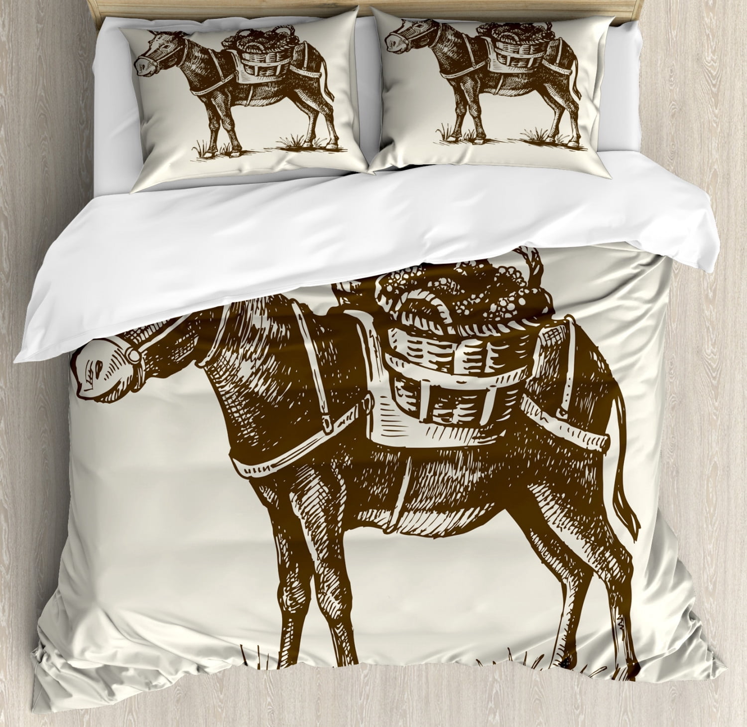 Donkey Duvet Cover Set Queen Size, Vintage Engraving Style Donkey ...