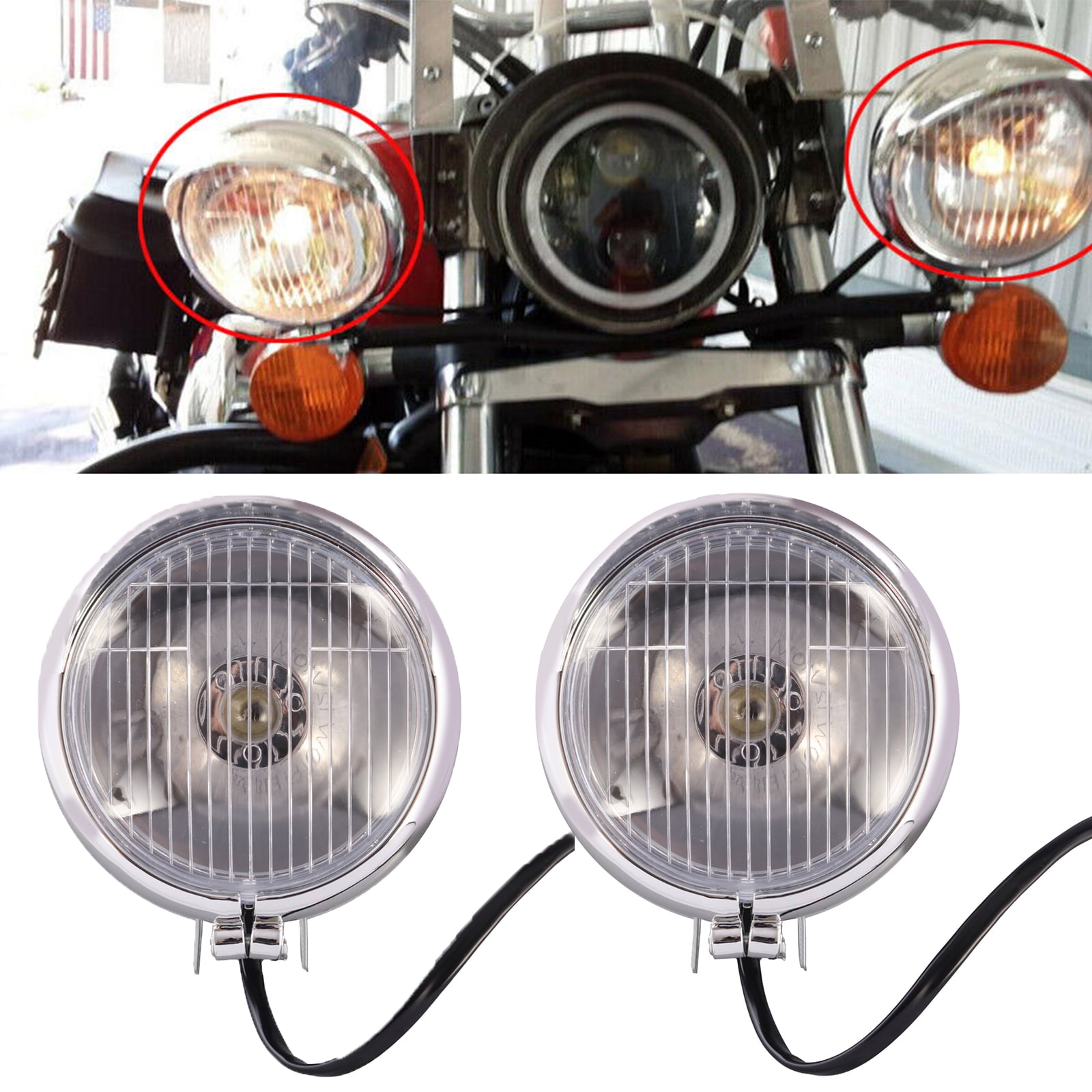 1 Pair Motorcycle Universal Fog Lights 4.5" Round Headlights Fit for ...