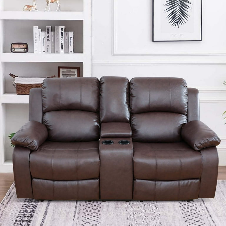 Aukfa Double Manual Recliner Loveseat Overstuffed with Cupholder Leather Brown
