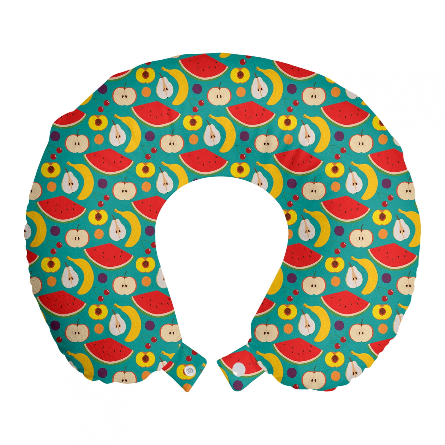 Fruits Travel Pillow Neck Rest, Cartoon Style Pattern of Apples Bananas ...