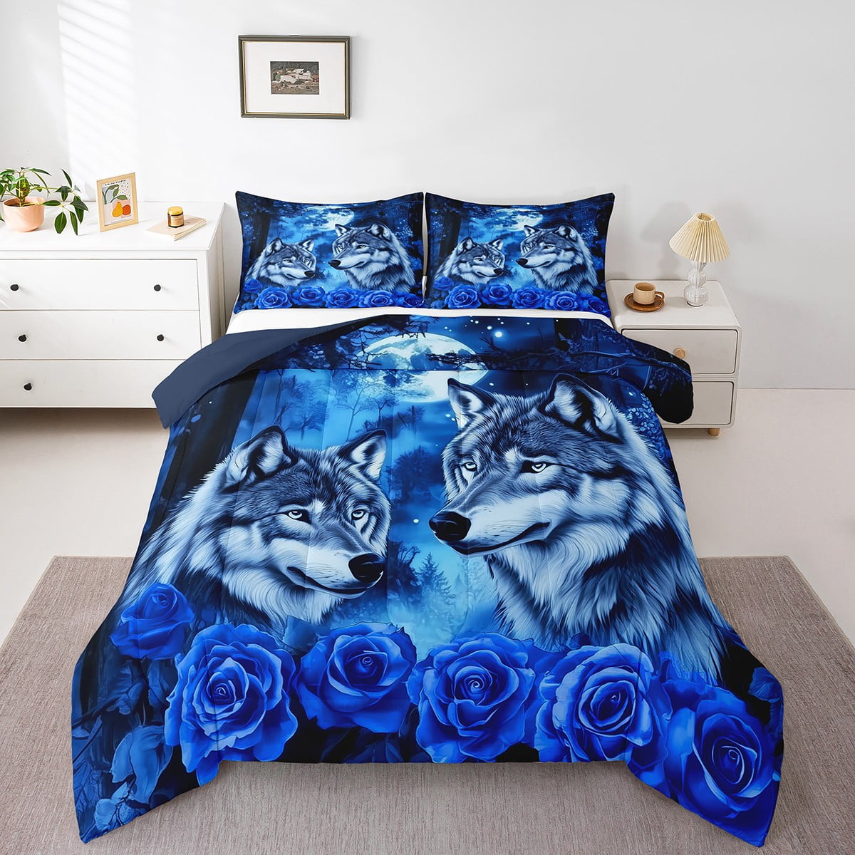 Click here for Yst Wolf Couple King Size Bedding Set blue Starry... prices