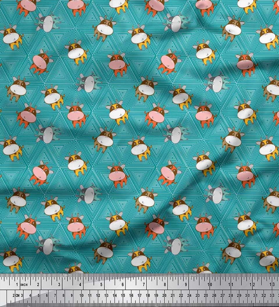 Soimoi Satin Silk Fabric Triangle & Cow Cartoon Print Fabric by The ...