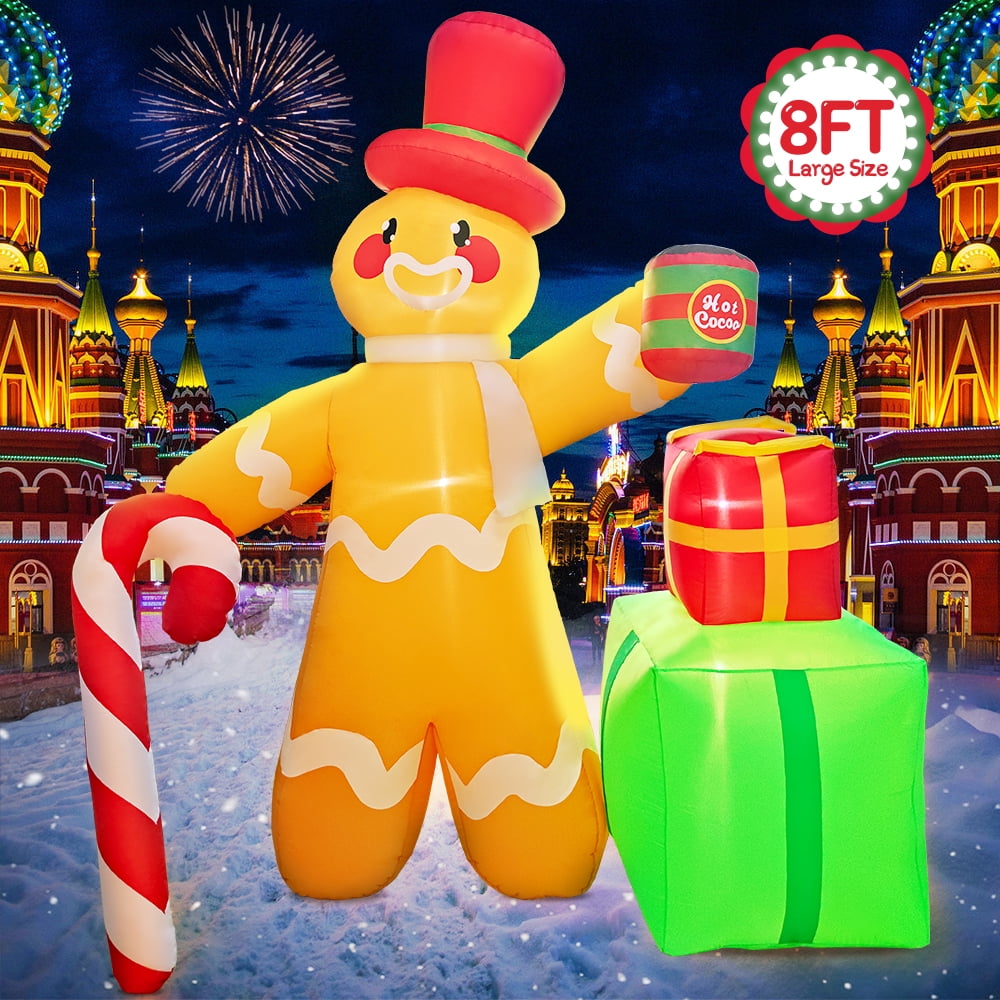 Reeyee 8ft Christmas Inflatables Gingerbread Man With Candy Cane And