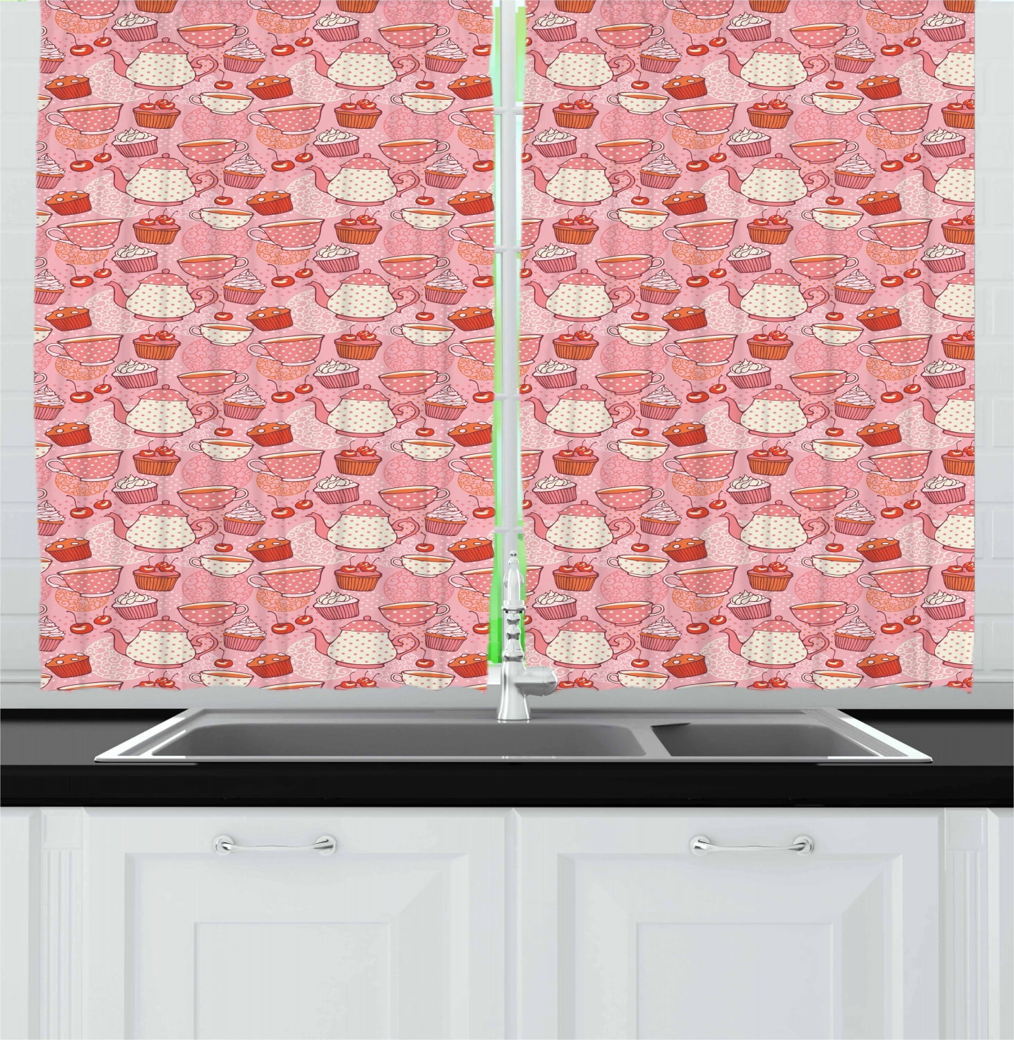 Tea Party Curtains 2 Panels Set, Tea Time Themed Illustration with ...