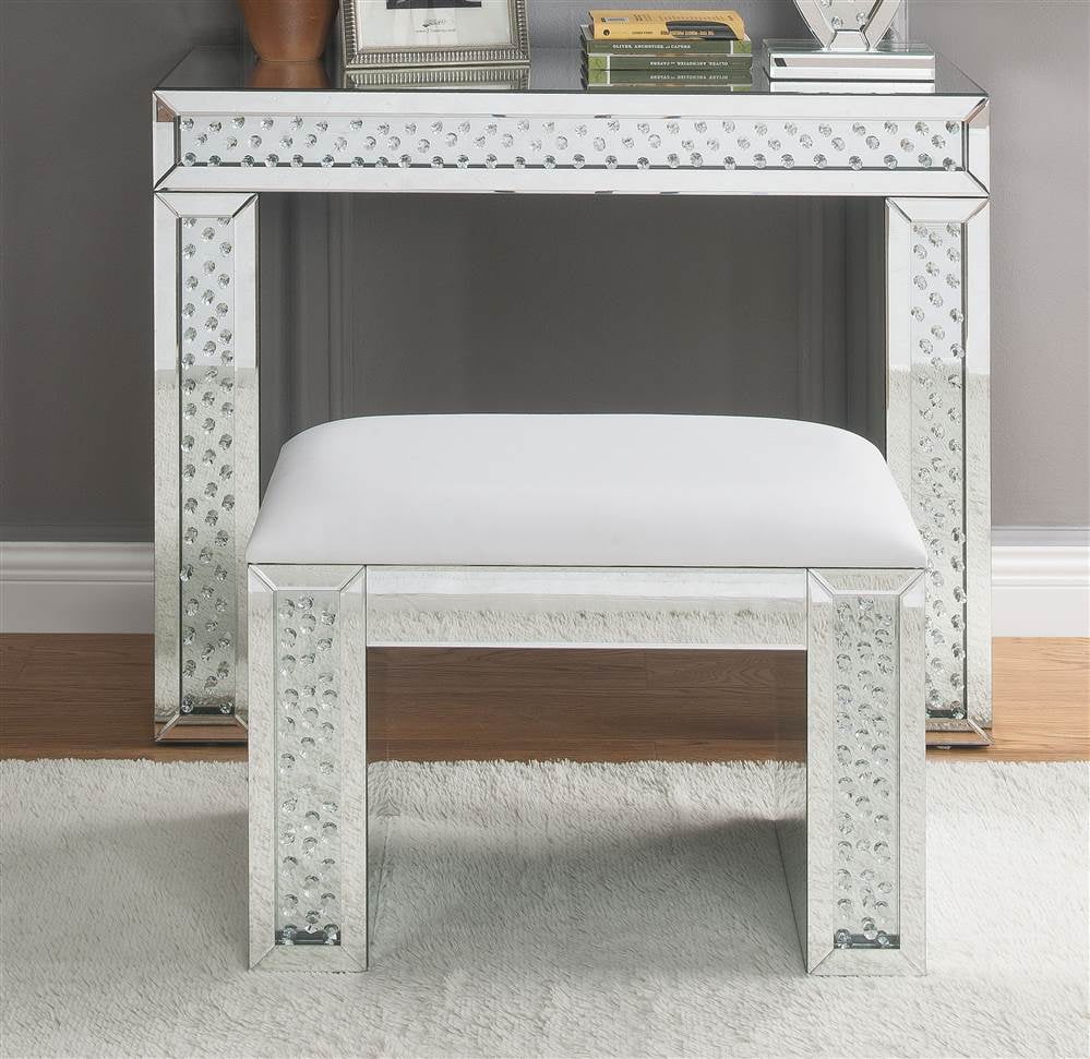 ACME Nysa Vanity Stool in Ivory PU, Mirrored and Faux Crystals ...