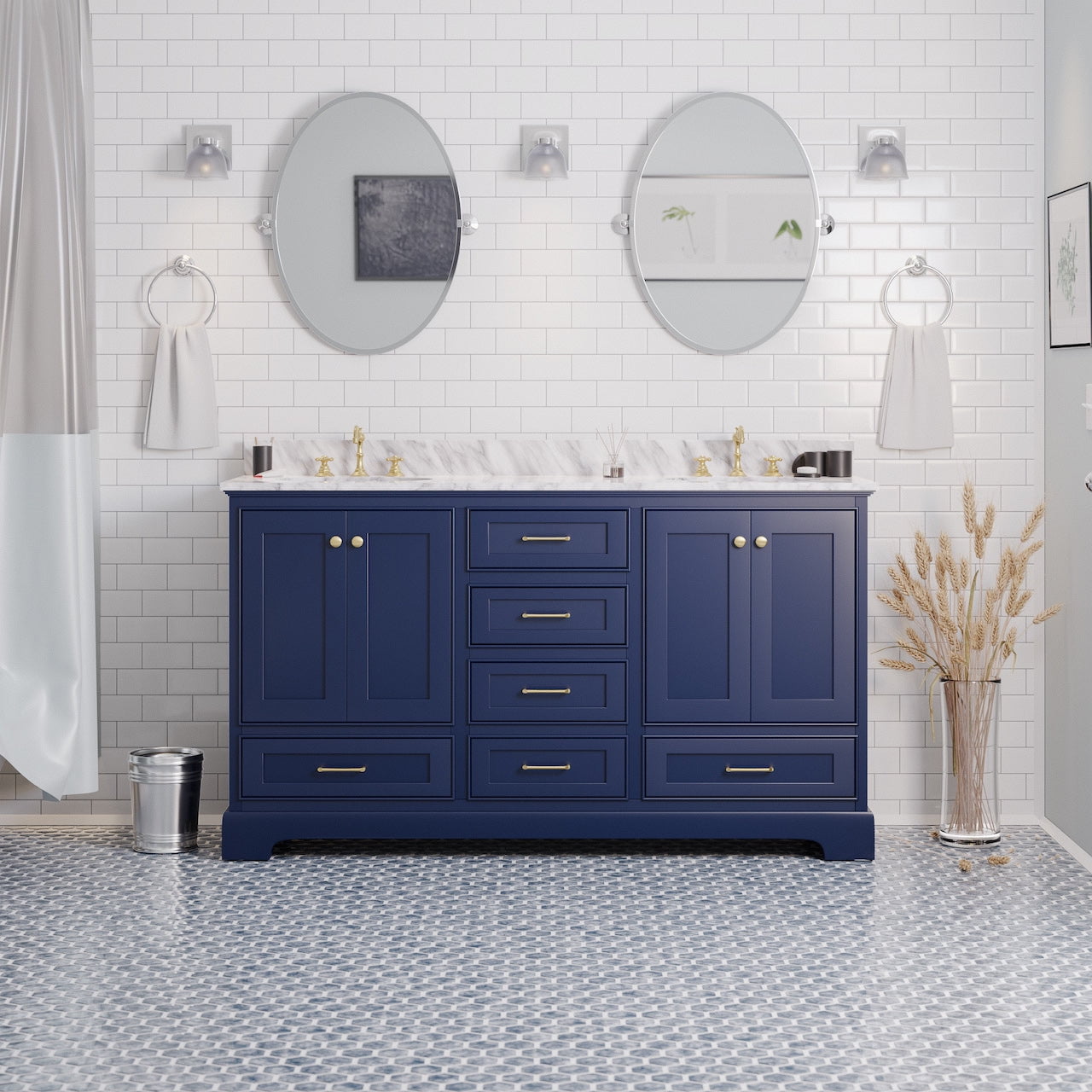 Harper 60" Double Bathroom Vanity with Royal Blue Cabinet and Carrara ...