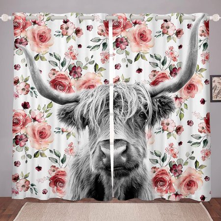 Highland Cow Window Curtains,Bull Cattle Curtains for Bedroom,Pink ...
