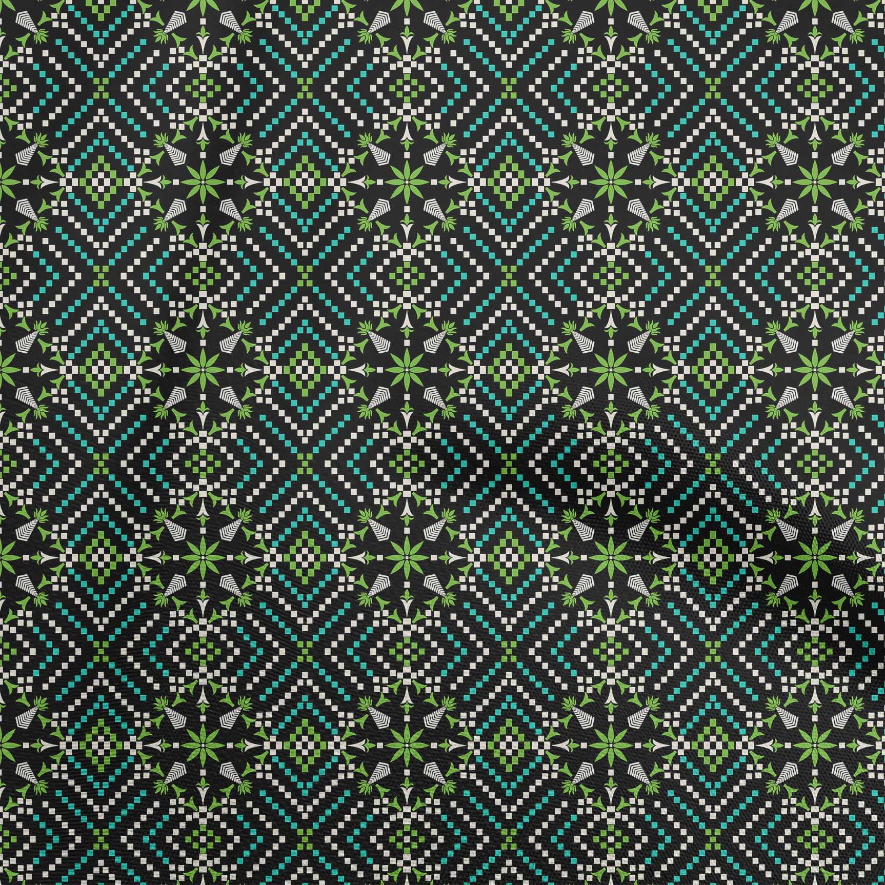 oneOone Cotton Poplin Dark Green Fabric Geometric Fair Isle Pattern ...
