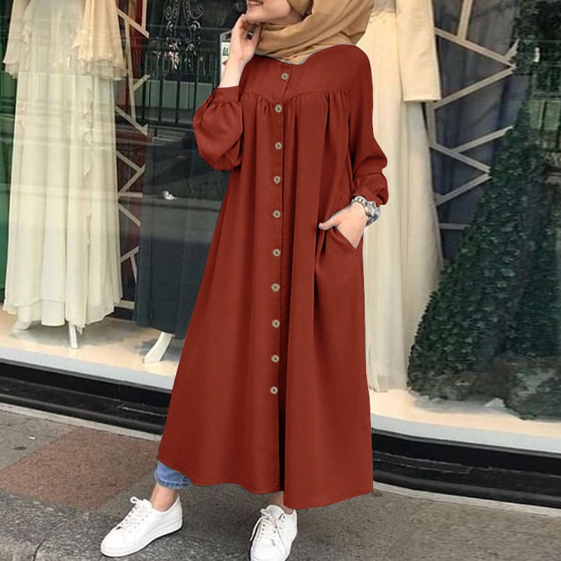 Zanzea Women Long Sleeve Maxi Dress Loose Button Down Muslim Robes