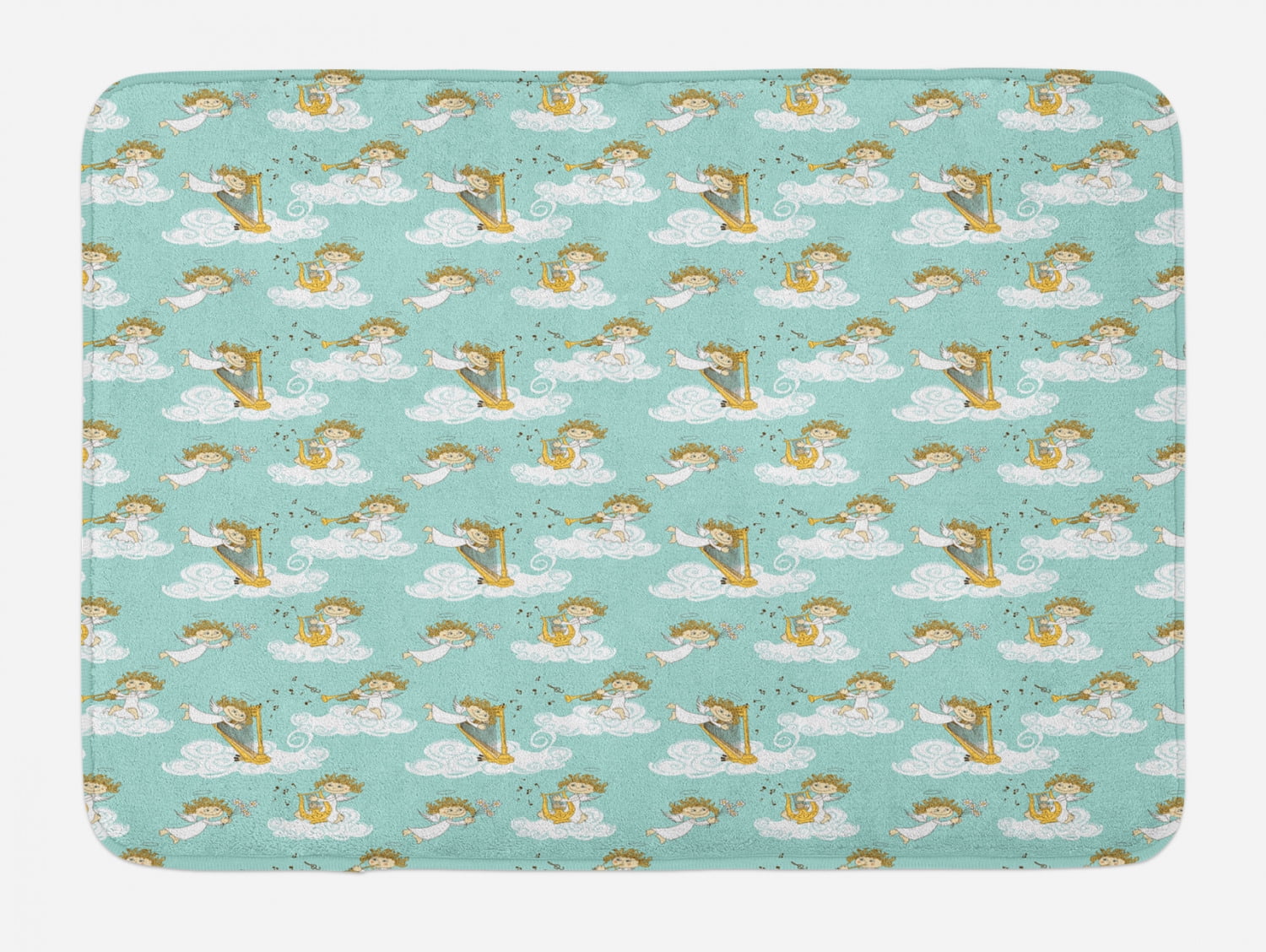 Angel Bath Mat, Angels Playing Harp in Sky Clouds Myth Folk Lyre Folk ...