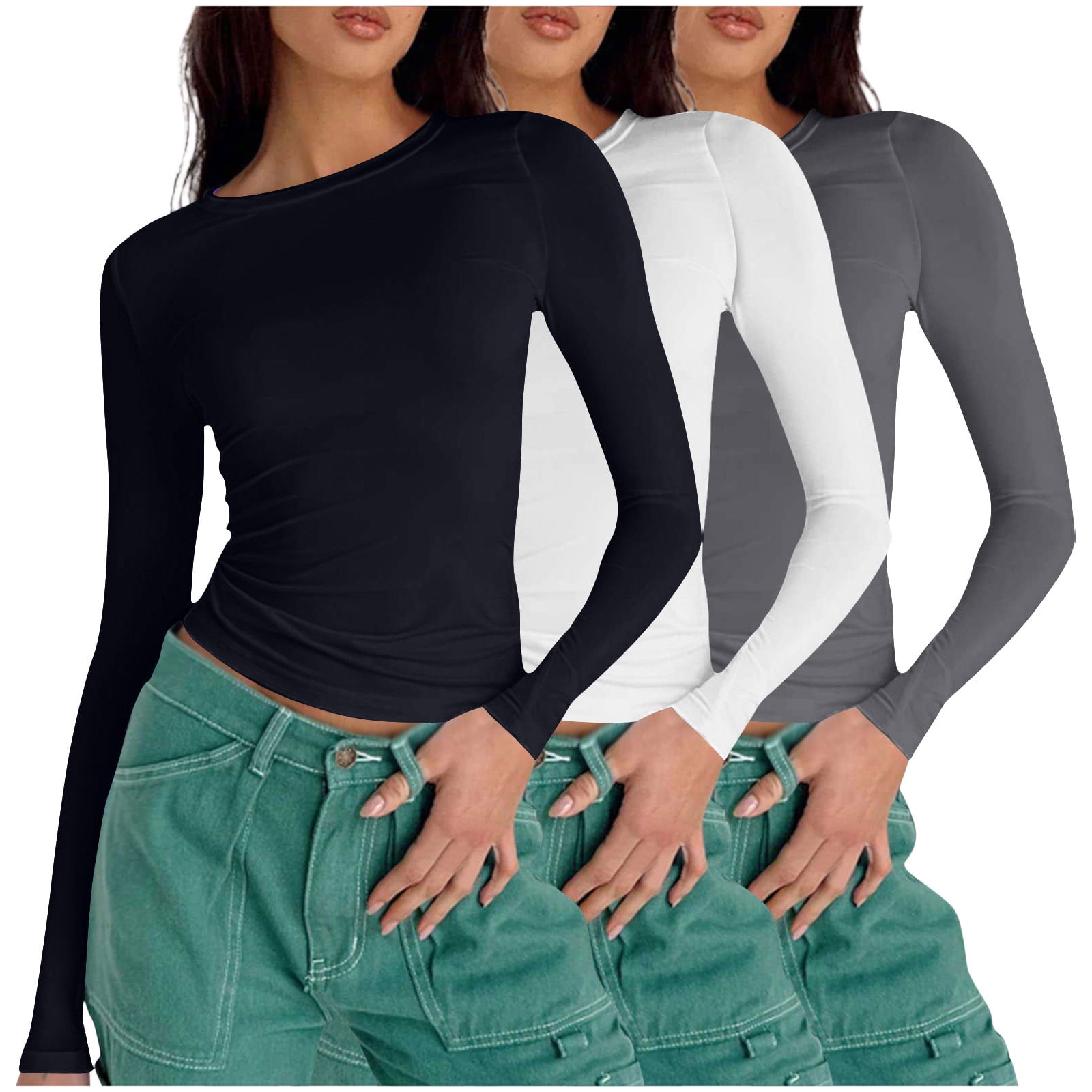 Click here for Aherbiu 3pc Women Long Sleeve Shirts Basic Slim Fi... prices